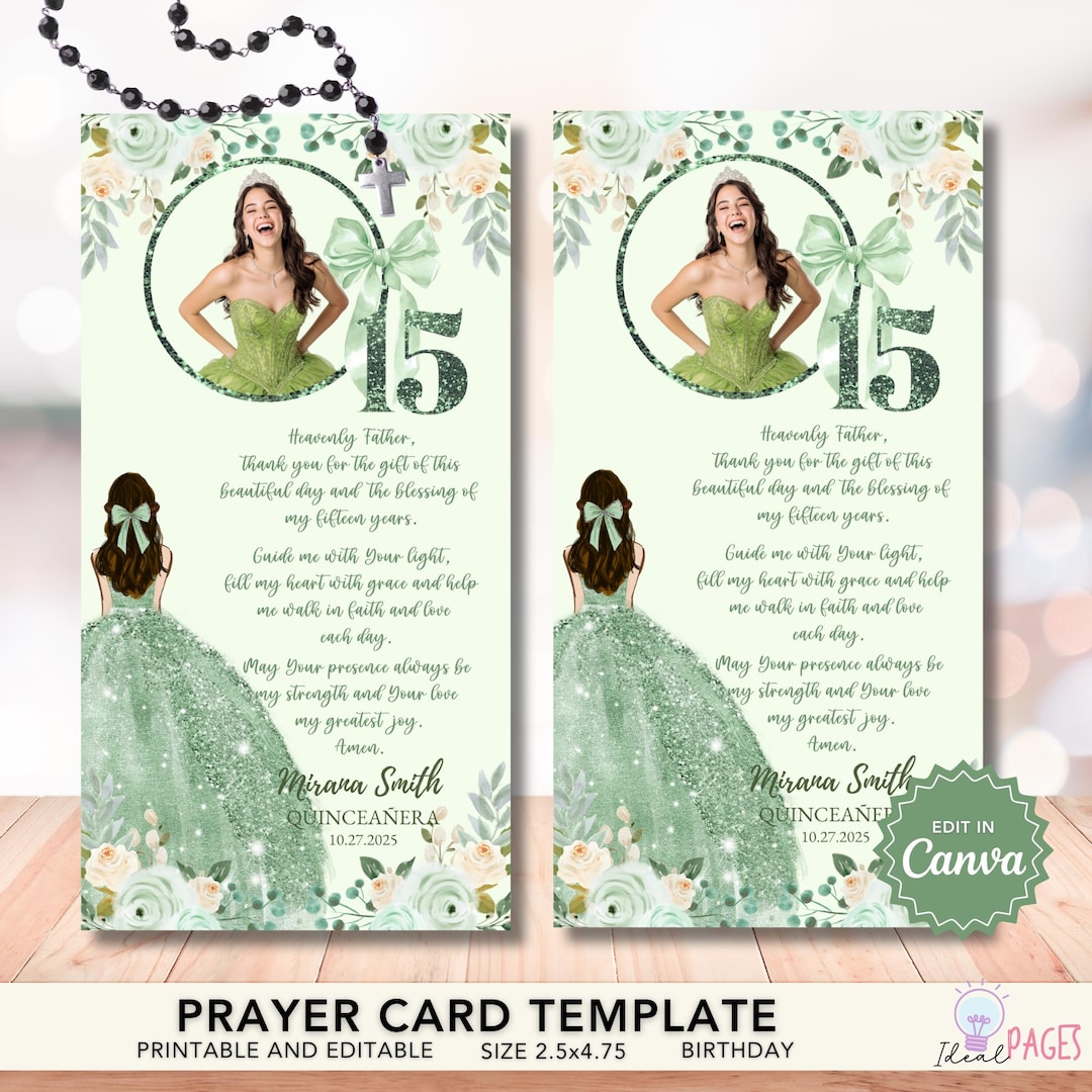 Green Quinceañera Prayer Card Template, 15th Birthday Prayer Card ...