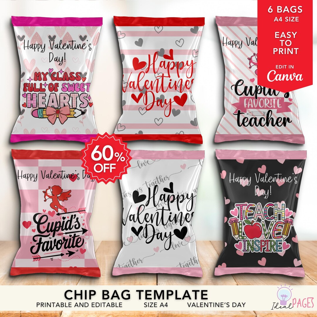 6 Valentines Day Party Chip Bag for Teachers and Students, Classroom ...