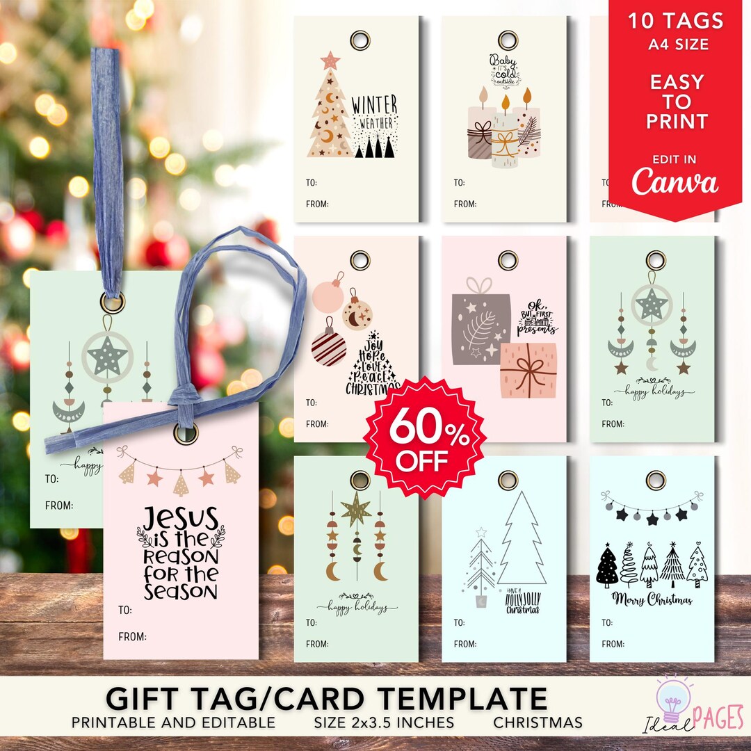10 Boho Christmas Tag, Gift Card Template, Minimalist Christmas Gift ...