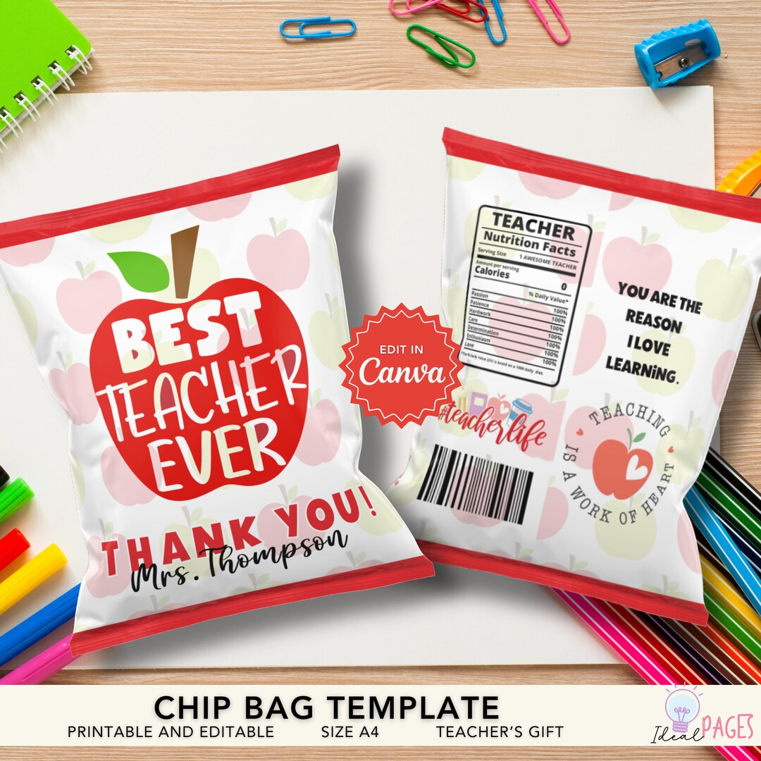 Teacher Appreciation Chip Bag Template DIY Party Favor Printable Back ...