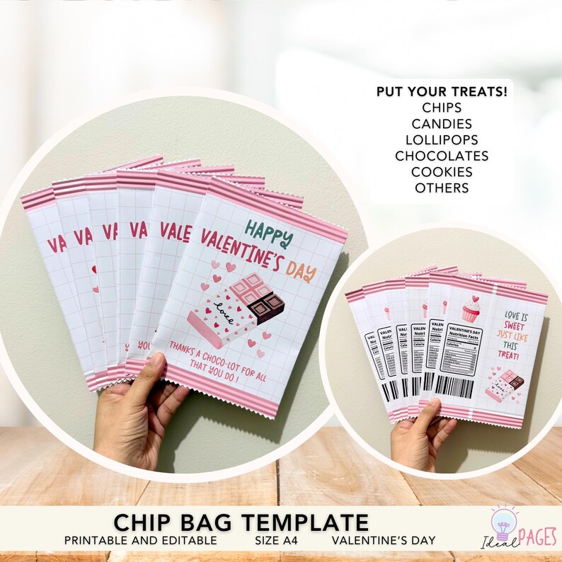6 Pink Kawaii Valentine's Day Chip Bag, Kids Treat Bags, Printable ...