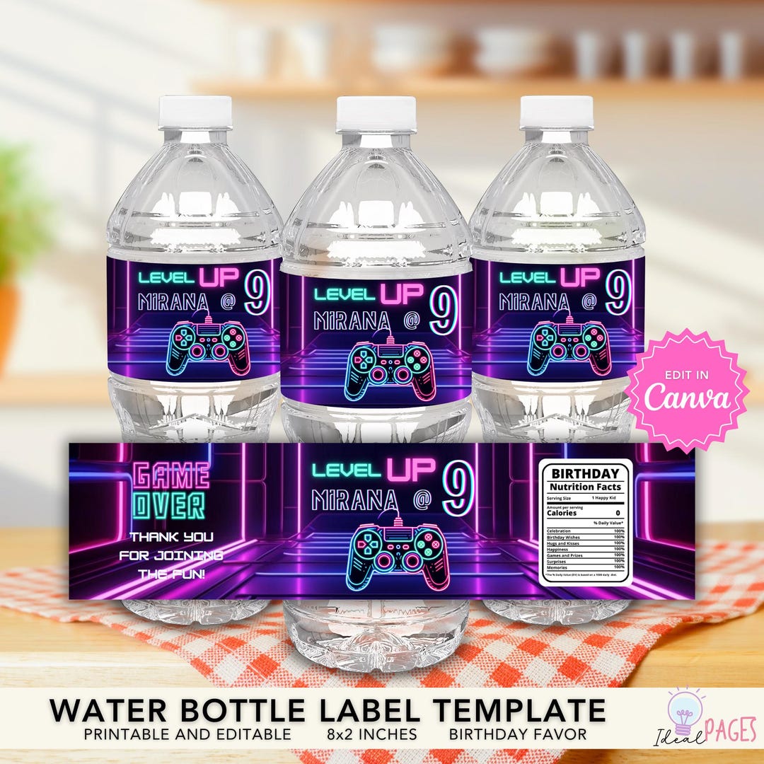 Neon Pink Gamer Water Bottle Label, Game Night Party, Video Game ...