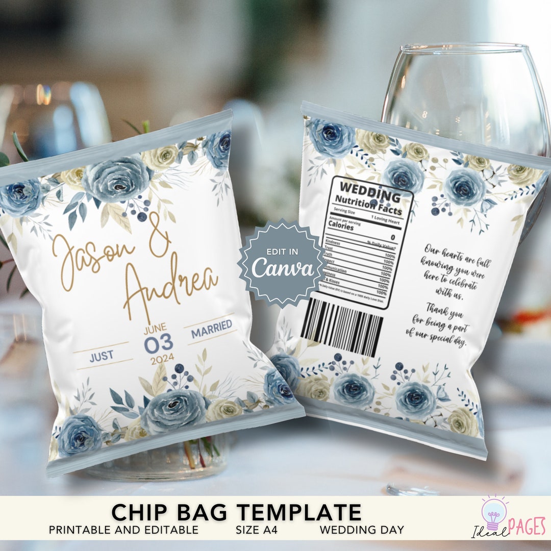 Floral Dusty Blue Wedding Chip Bag Template, Custom Chip Bag, Marriage ...
