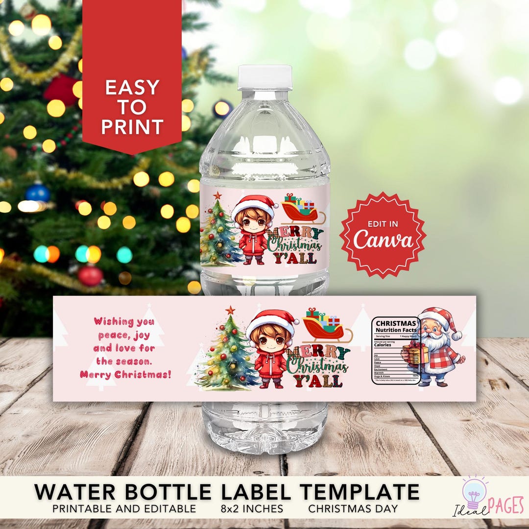Christmas Water Bottle Label, Christmas Chibi, Christmas Party Favors ...