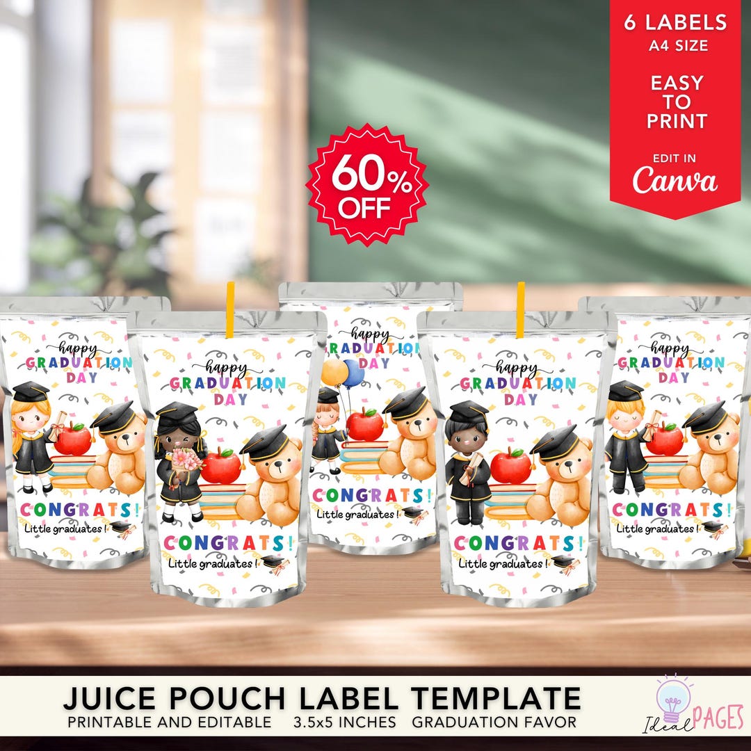 6 Kindergarten Graduation Juice Pouch Label Party Favors, Preschool ...