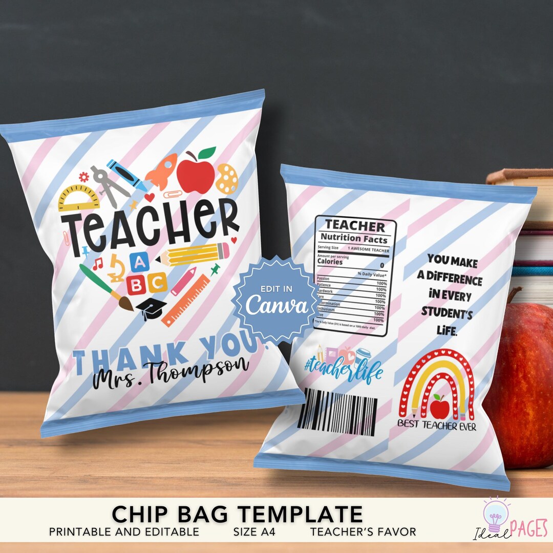Teachers Appreciation Chip Bag Template, Teacher Gift, Welcome Bag ...
