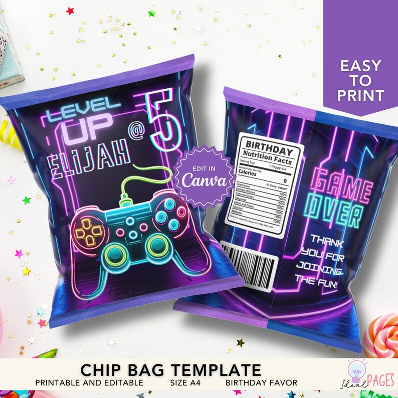 Gamer Birthday Chip Bags Template, Video Games Favors, Neon Gamer's ...