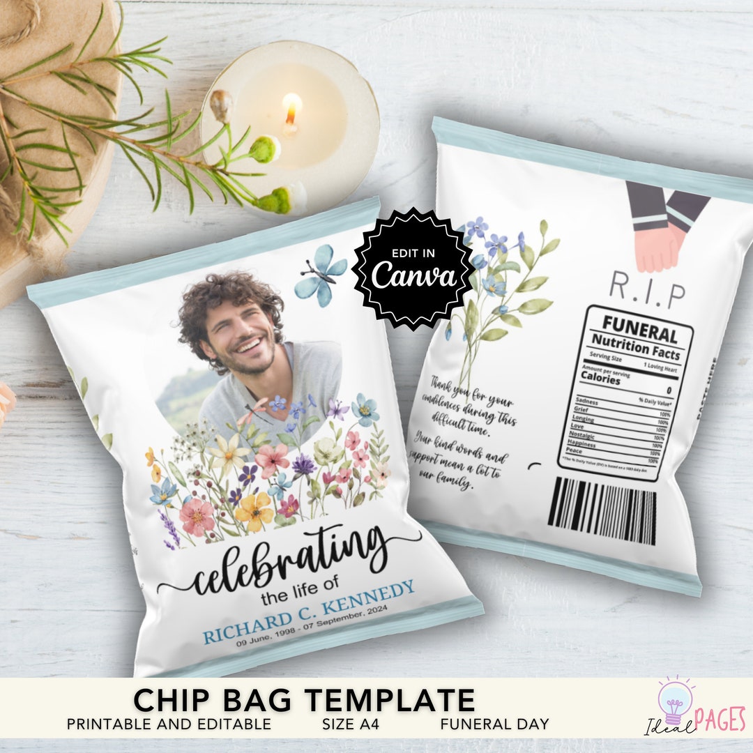Celebration of Life Chip Bag Template, Custom Chip Bag, Elegant Funeral ...