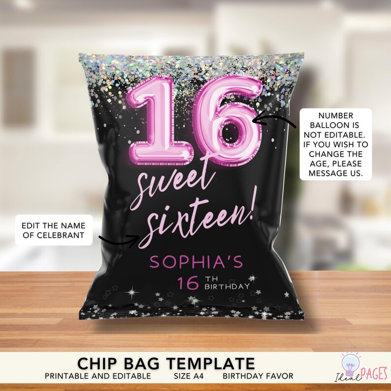 Sweet 16th Birthday Favors, Birthday Chip Bags, Chip Bag Template ...
