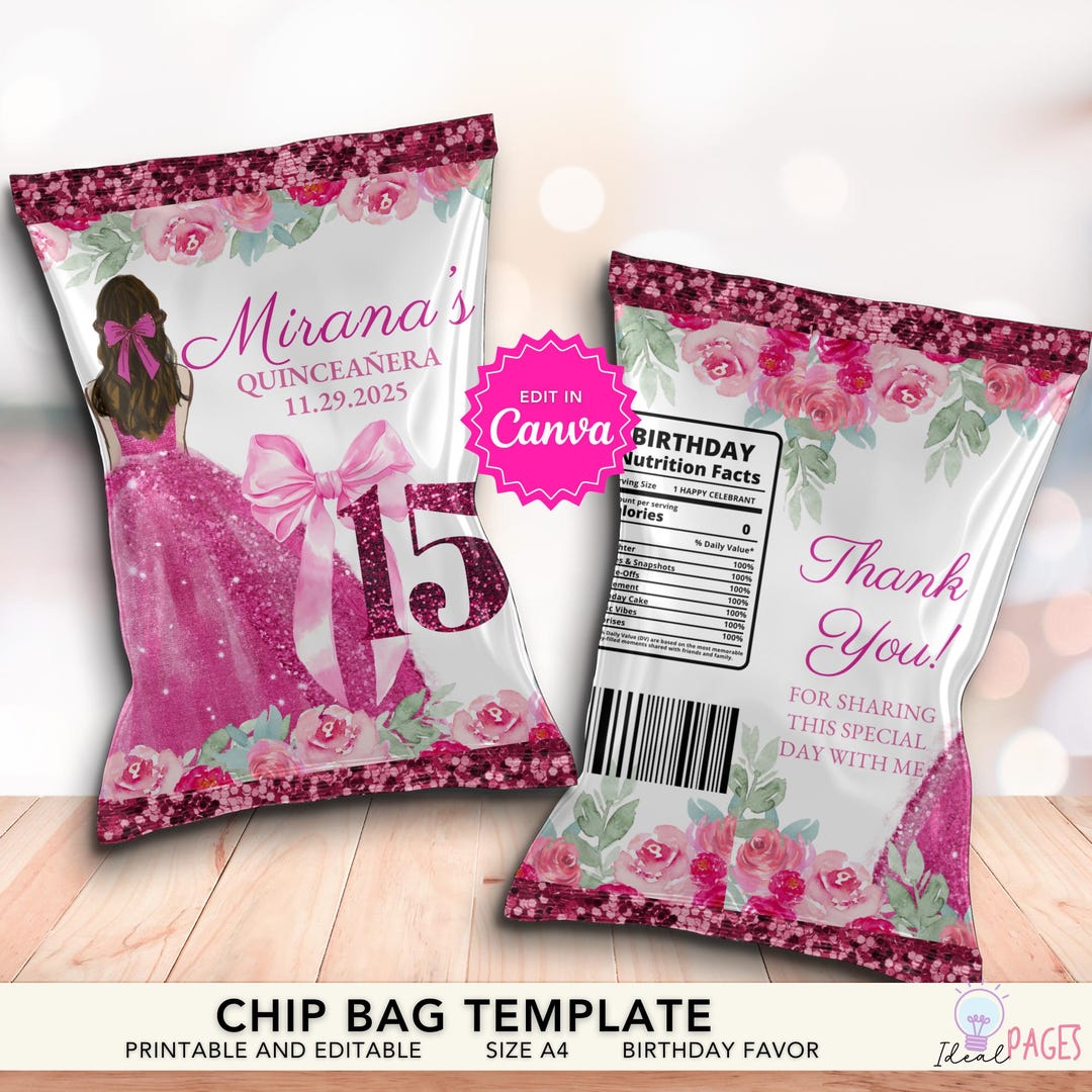 Fuchsia Pink Quinceanera Chip Bag Label, Sweet 15th Birthday Favor ...