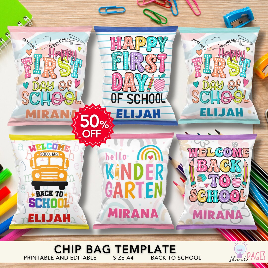 6 Back to School Chip Bag Template, School Party Favor, Welcome Snack ...