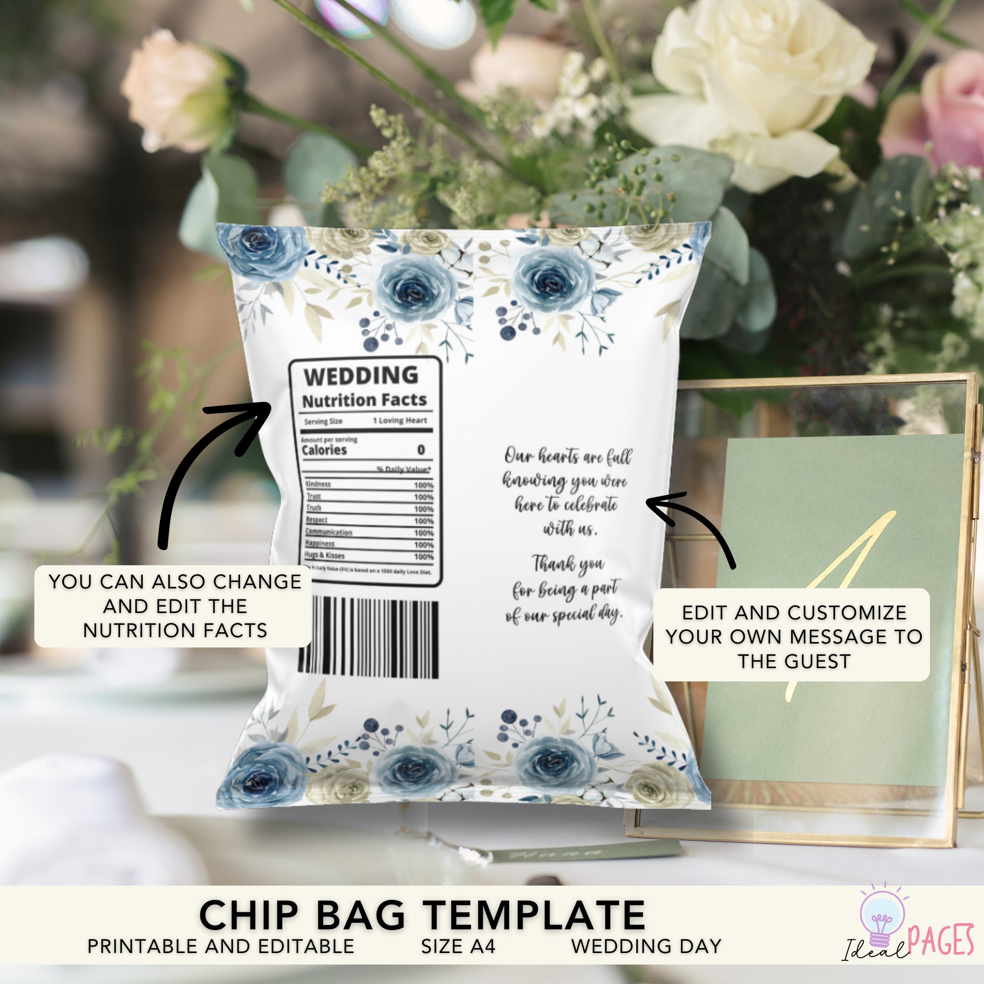 Floral Dusty Blue Wedding Chip Bag and Water Bottle Label Template ...