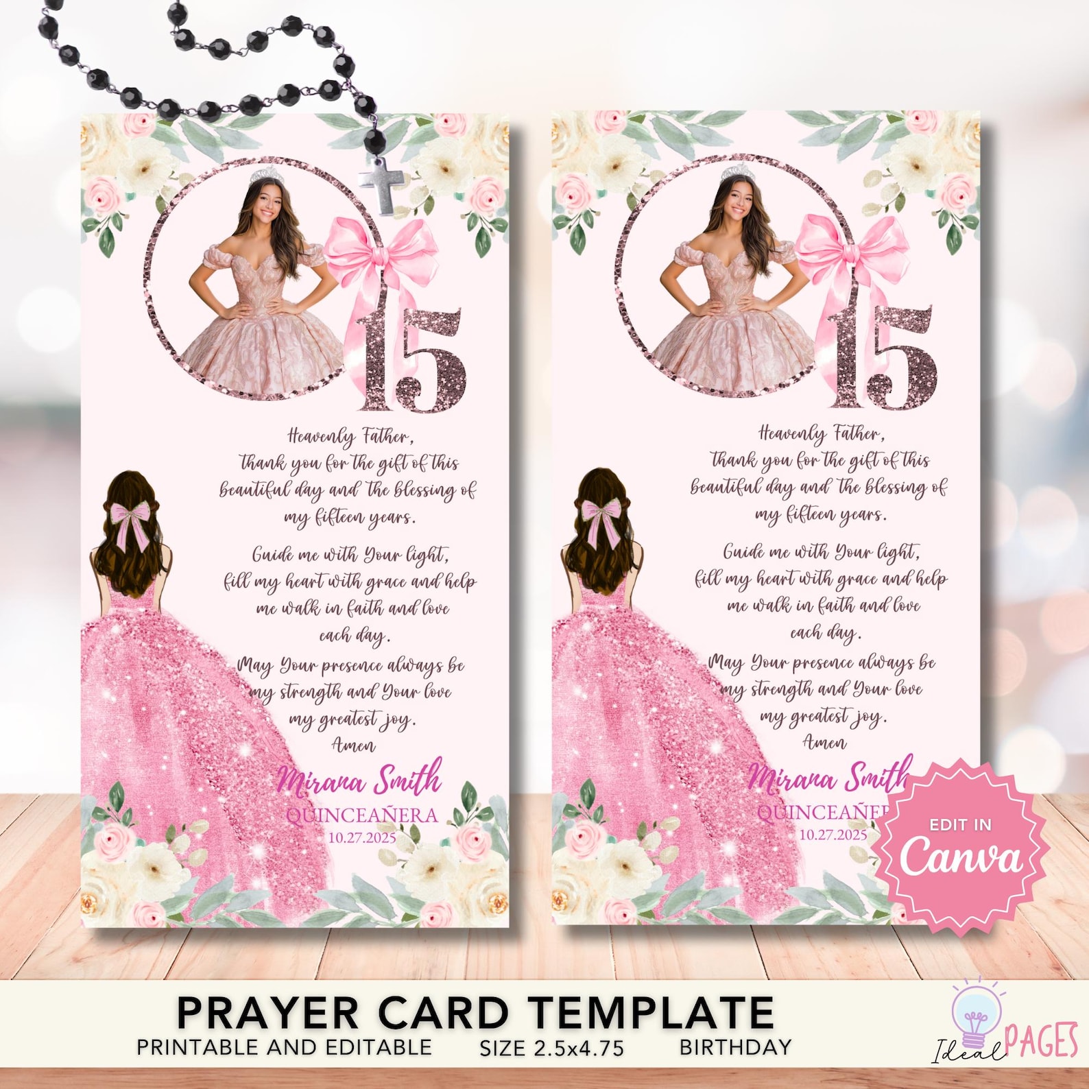 Pink Quinceañera Prayer Card Template, 15th Birthday Prayer Card ...