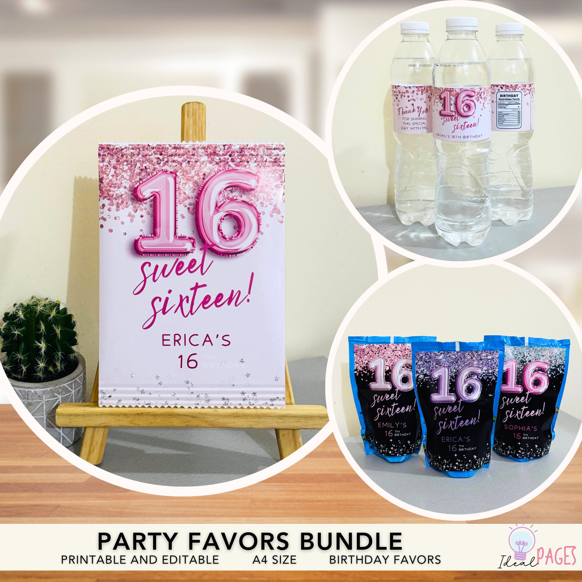 Sweet 16 Party Favors, 16th Birthday Light Pink Favors Bundle, Chip Bag ...