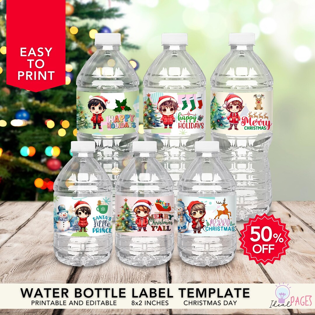6 Christmas Water Bottle Label, Christmas Chibi, Christmas Party Favors ...