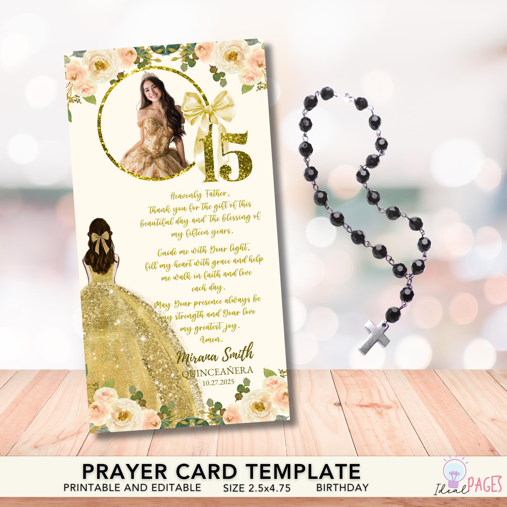 Gold Quinceañera Prayer Card Template, 15th Birthday Prayer Card ...