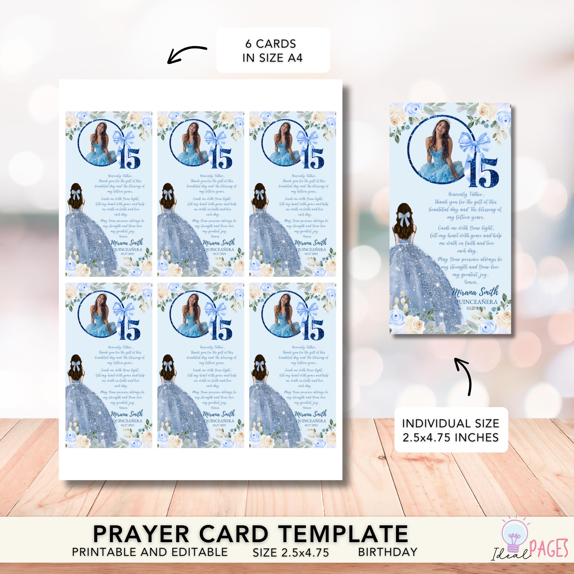Light Blue Quinceañera Prayer Card Template, 15th Birthday Prayer Card ...
