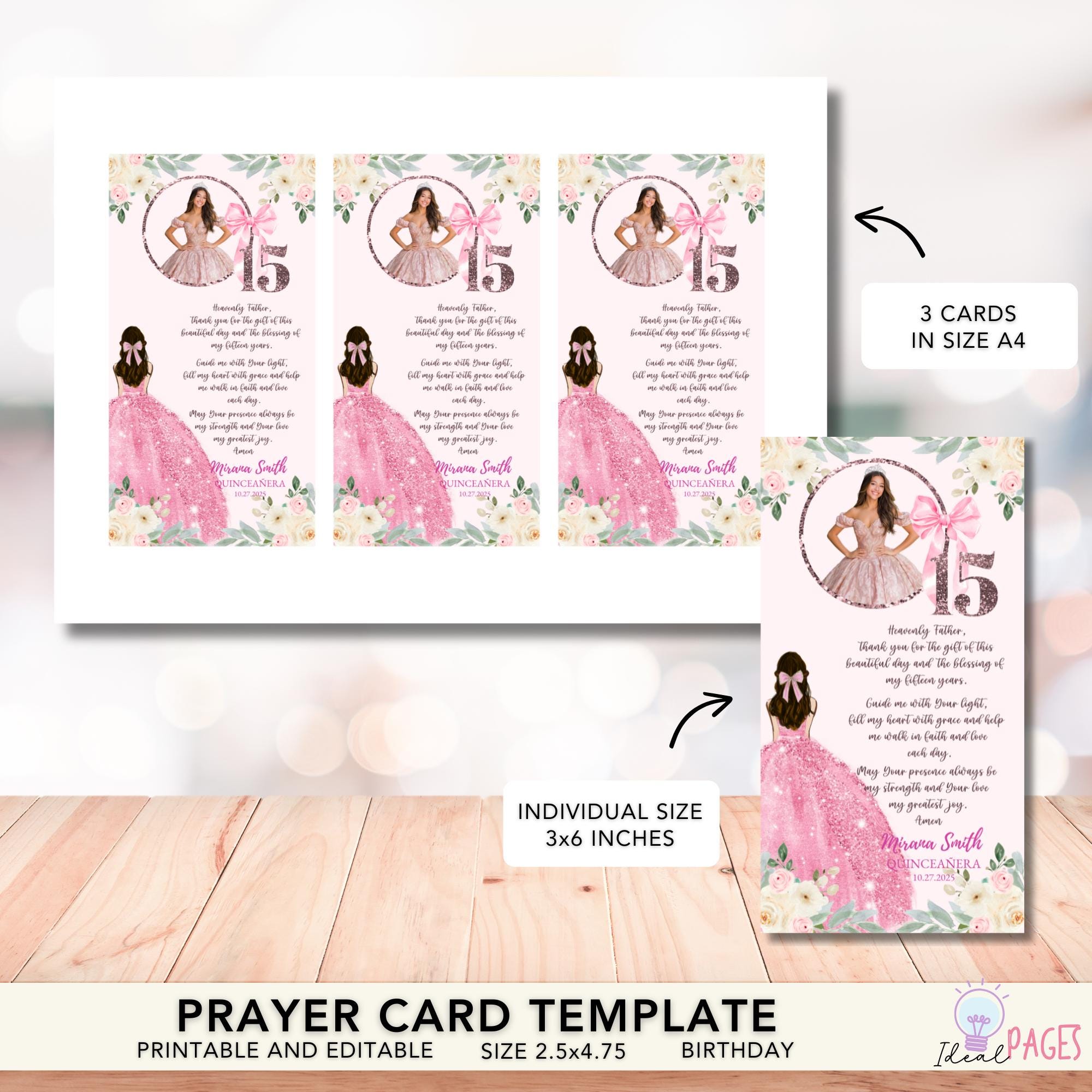 Pink Quinceañera Prayer Card Template, 15th Birthday Prayer Card ...