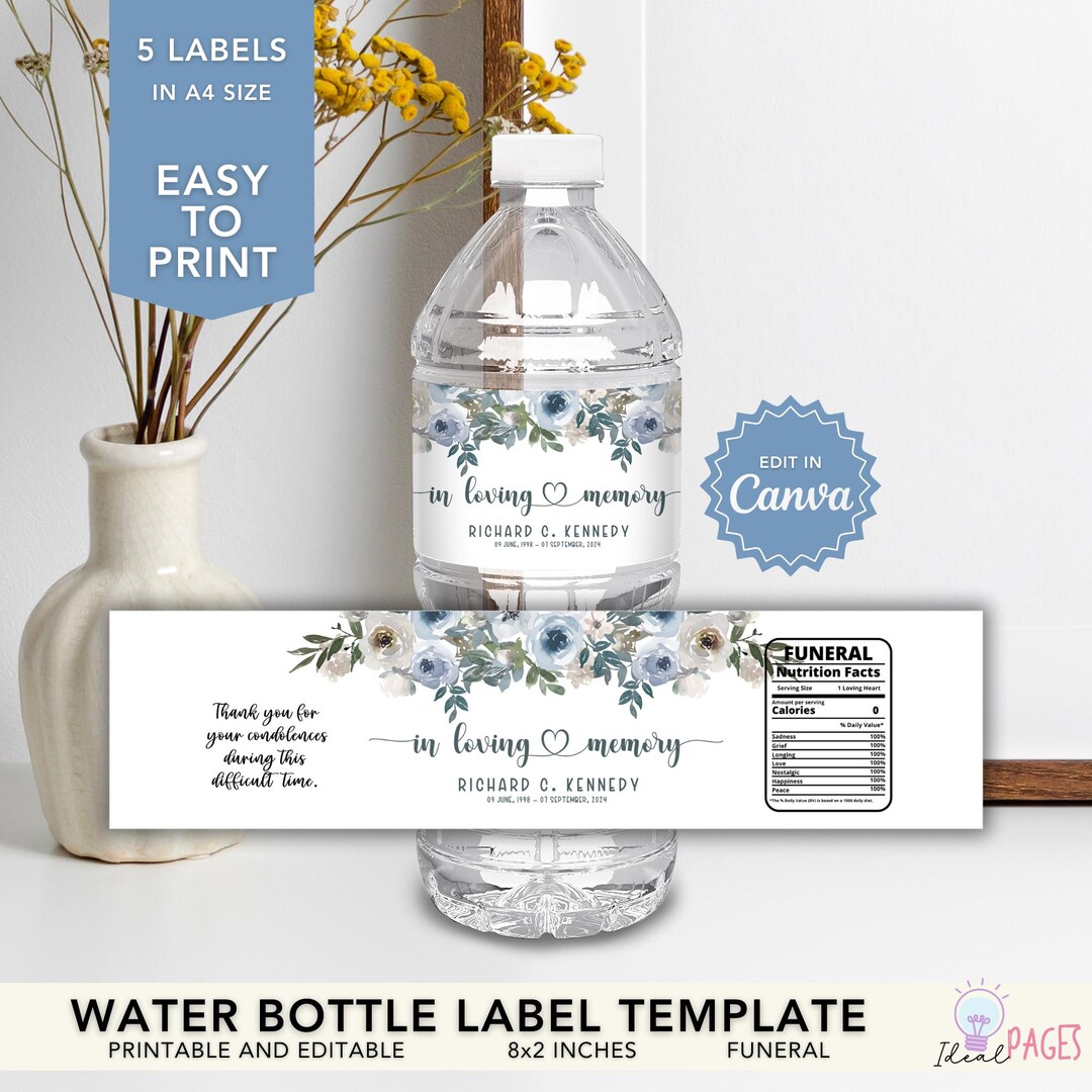 Water Bottle Labels, DIY Water Bottle Stickers, Memorial Favors ...