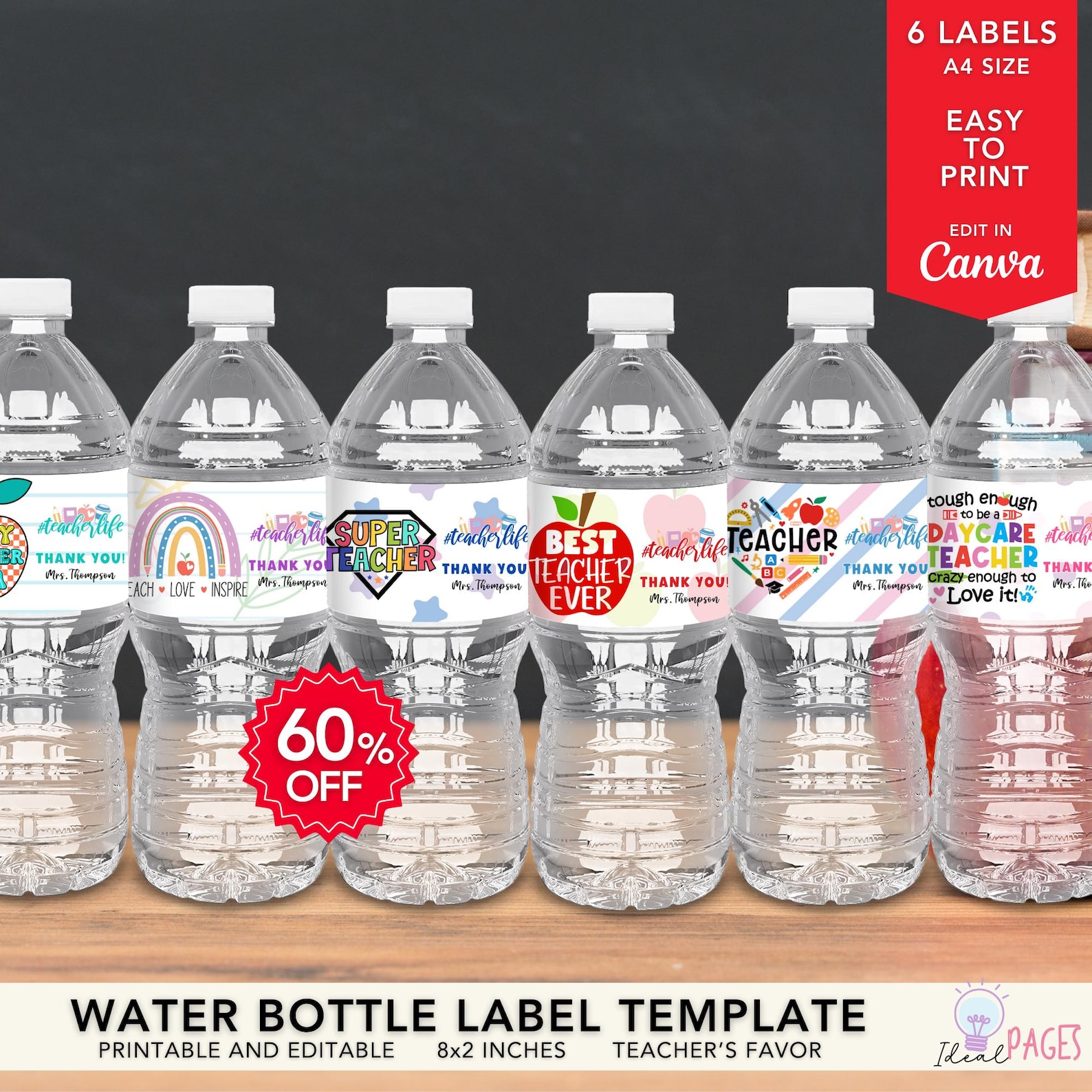 6 Teacher Water Labels, Teacher Appreciation Gift, Thank You Teacher ...