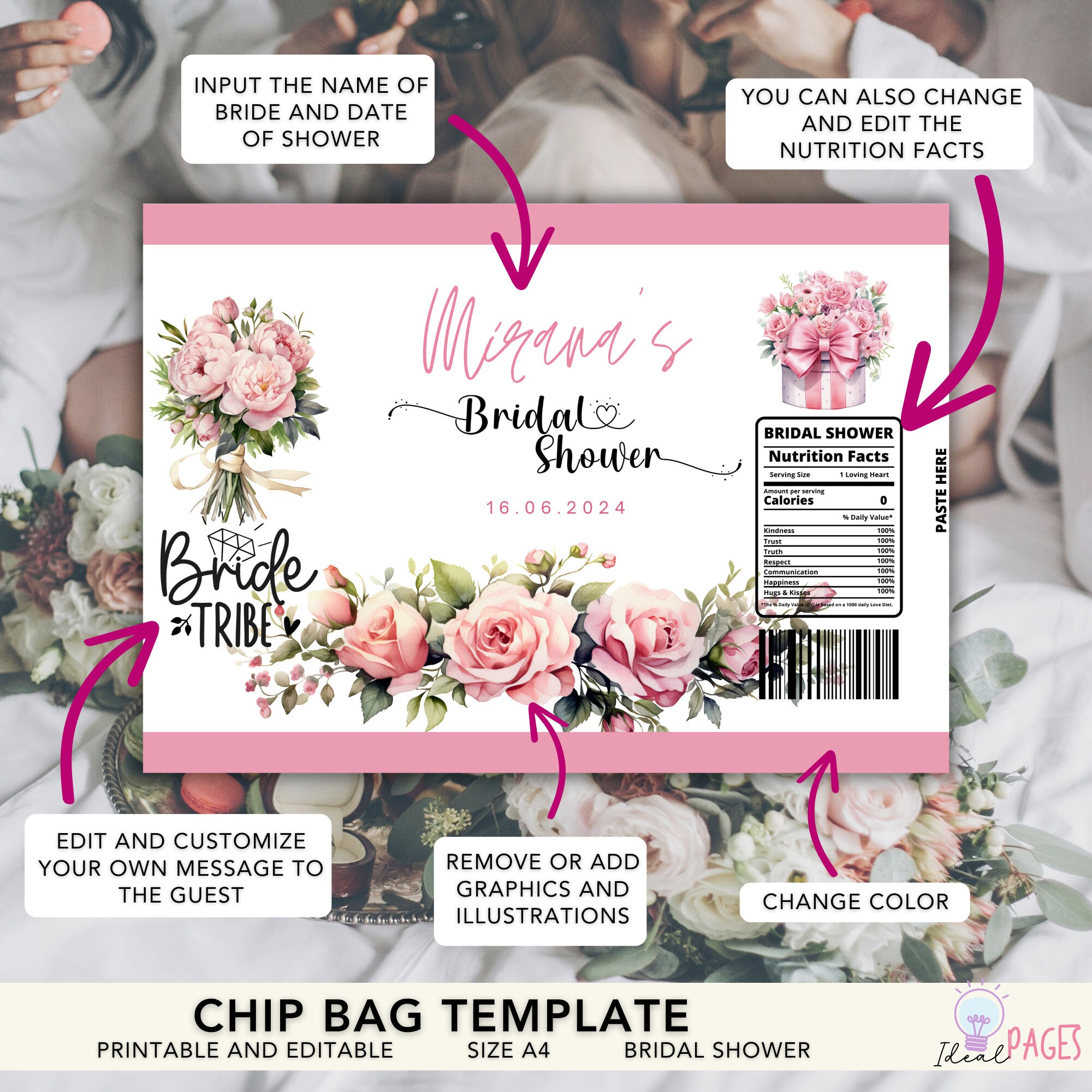 Bridal Shower Chip Bag Template, Customizable Favor Bags, Wedding Snack ...