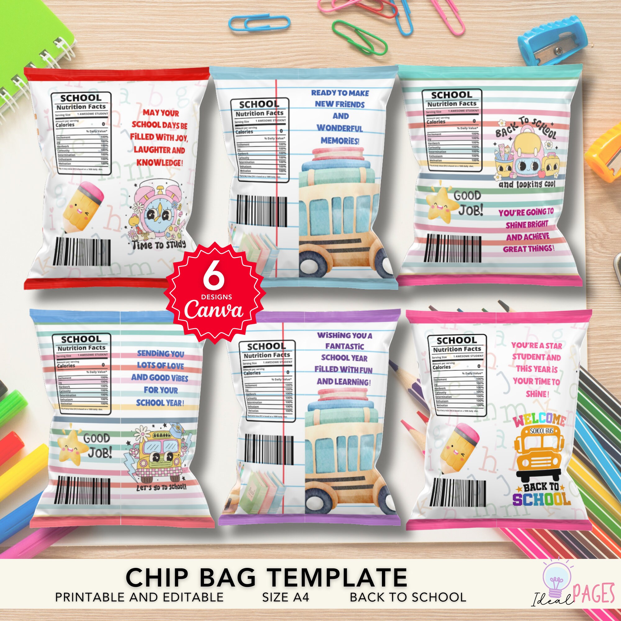 6 Back to School Chip Bag Template, School Party Favor, Welcome Snack ...