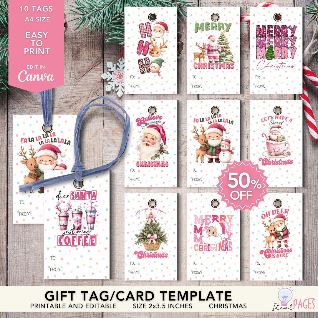 10 Pink Christmas Tags, Christmas Gift Tag Template, Minimalist ...