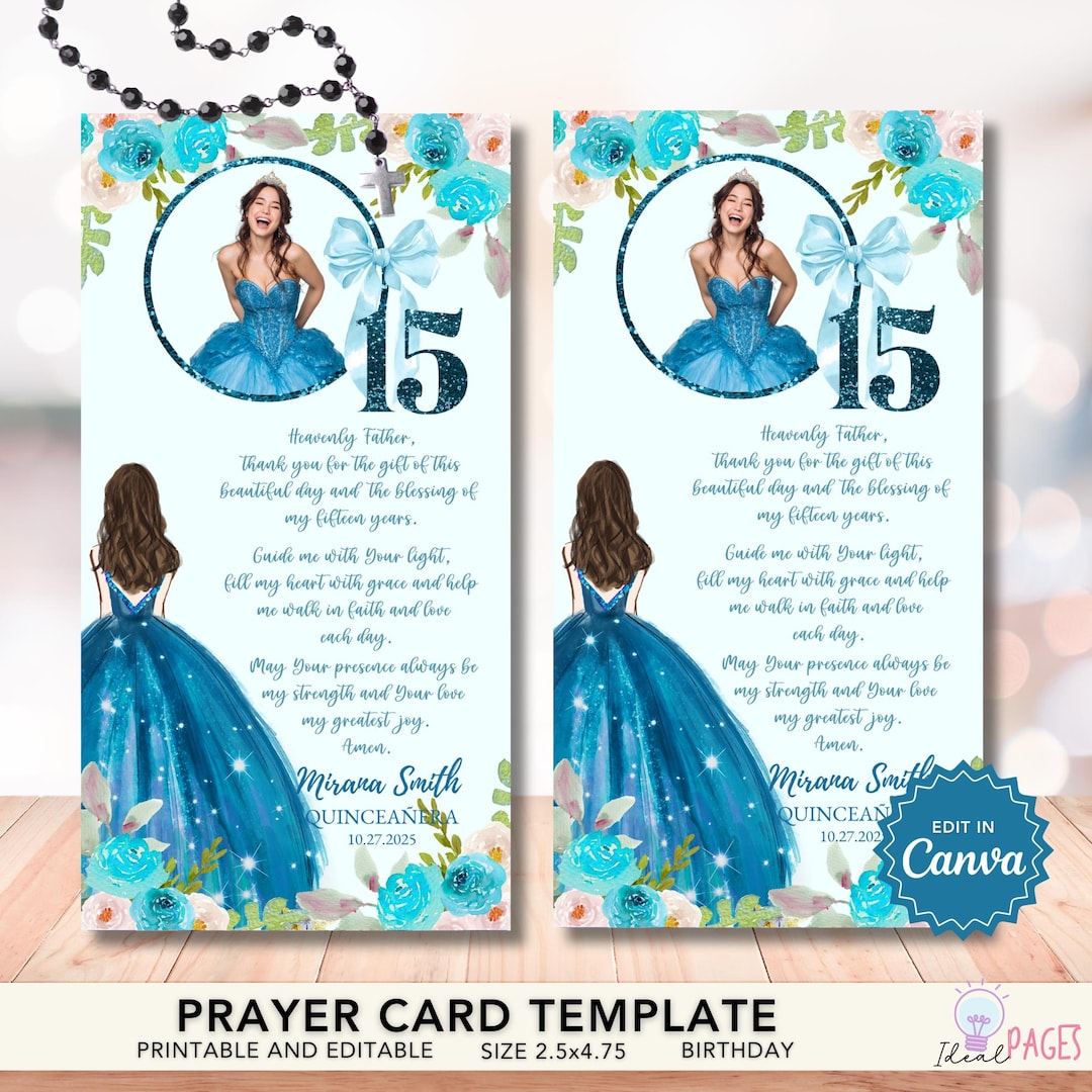 Turquoise Blue Quinceañera Prayer Card Template, 15th Birthday Prayer ...