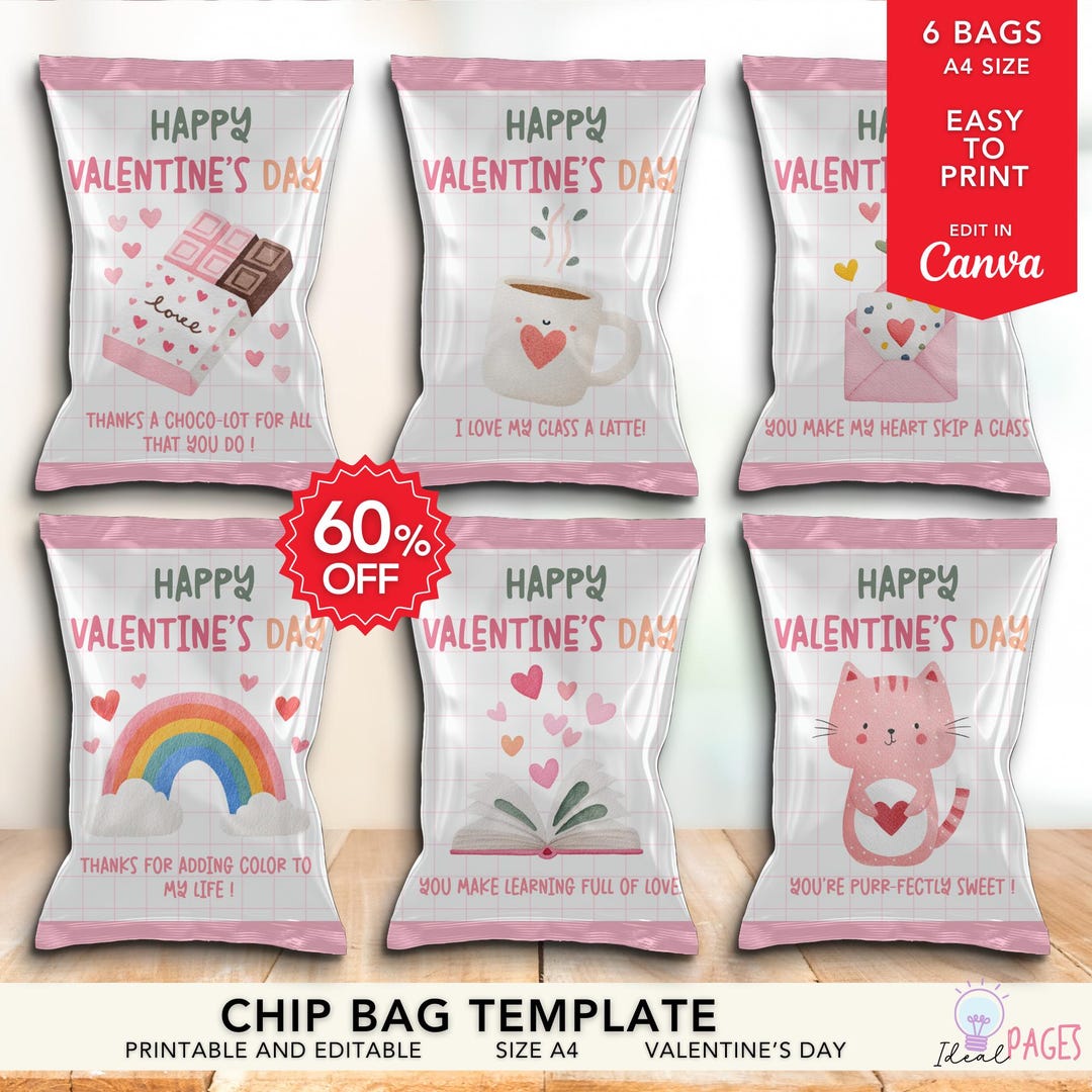 6 Pink Kawaii Valentine's Day Chip Bag, Kids Treat Bags, Printable ...