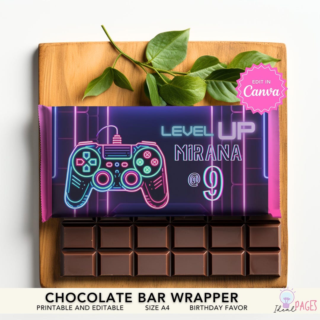 Neon Pink Gamer Chocolate Bar Label, Video Game Birthday Party Favor ...