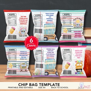 6 Back to School Chip Bag Template, School Party Favor, Welcome Snack ...