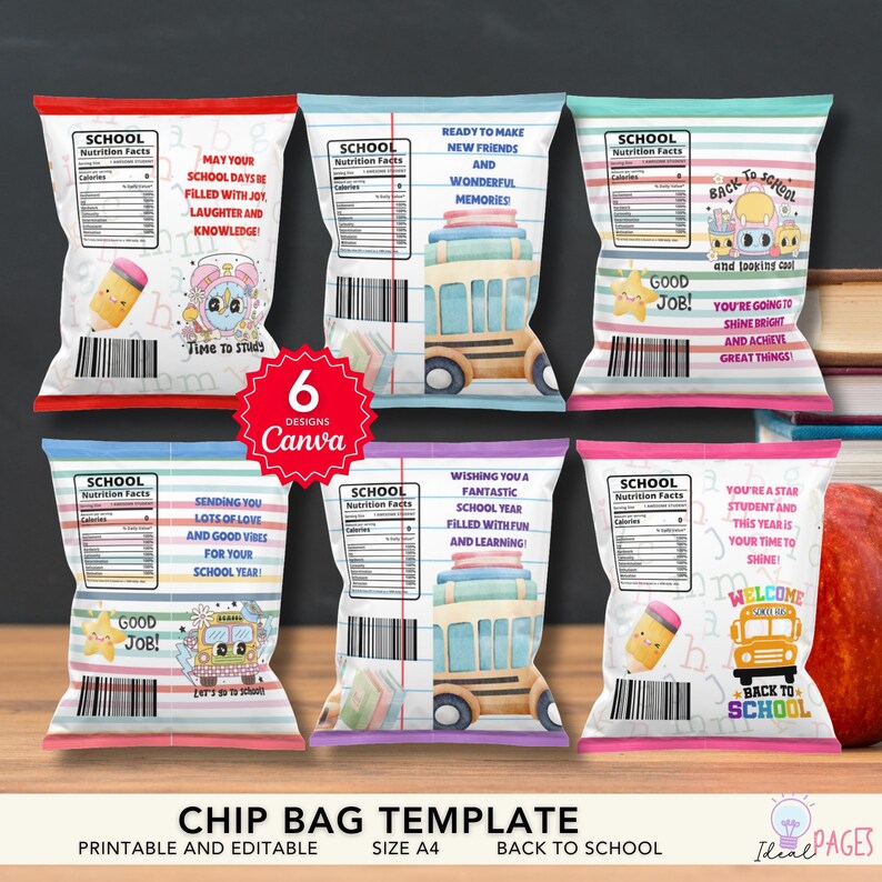 6 Back to School Chip Bag Template, School Party Favor, Welcome Snack ...