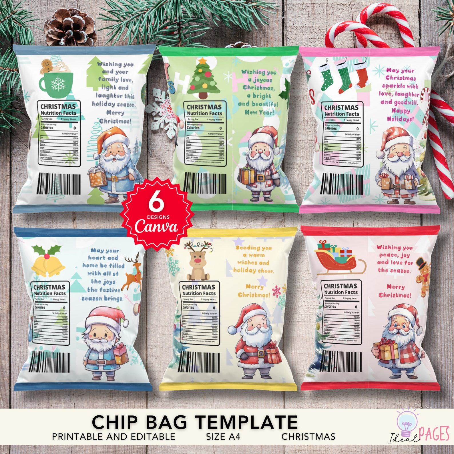 6 Christmas Chip Bag Template Printable and Editable Christmas Gift Bag ...