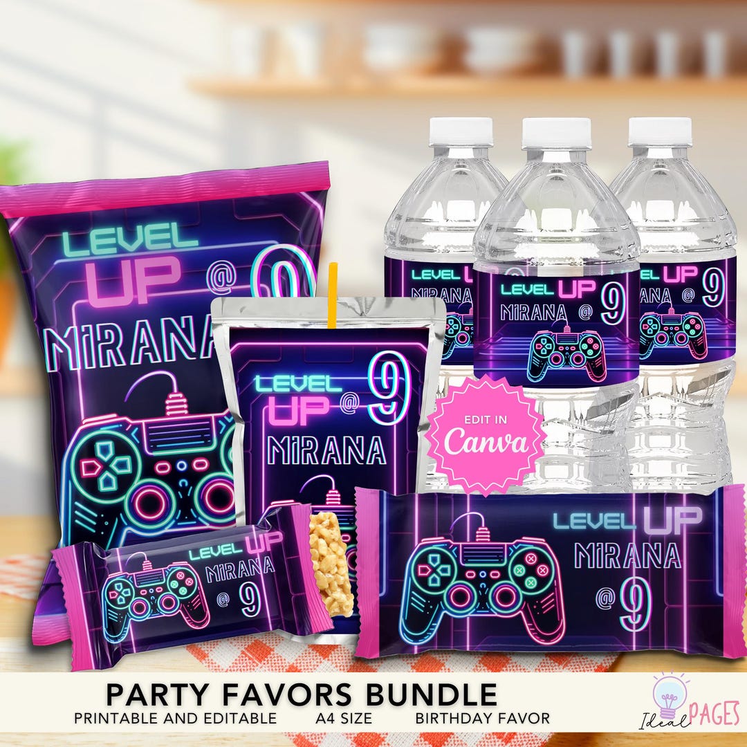 Neon Pink Gamer Birthday Party Favors, Video Game Party, Chip Bag, Rice ...