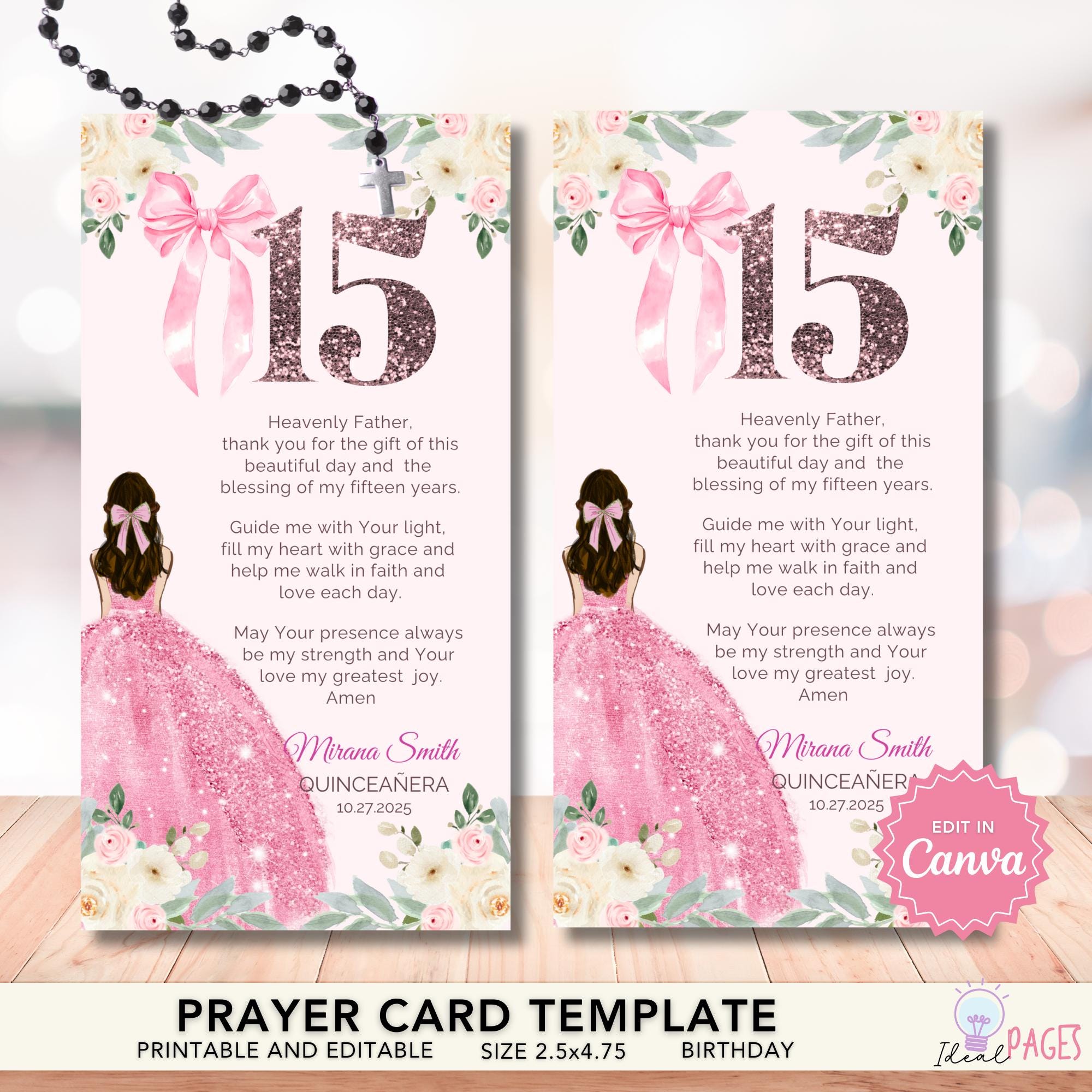 Pink Bow Quinceañera Prayer Card Template, 15th Birthday Prayer Card ...