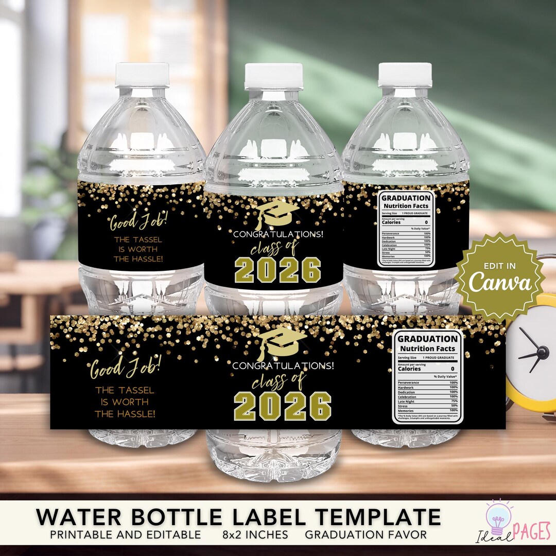 Black Gold Graduation Water Bottle Label, Graduation Party Favor, Water ...