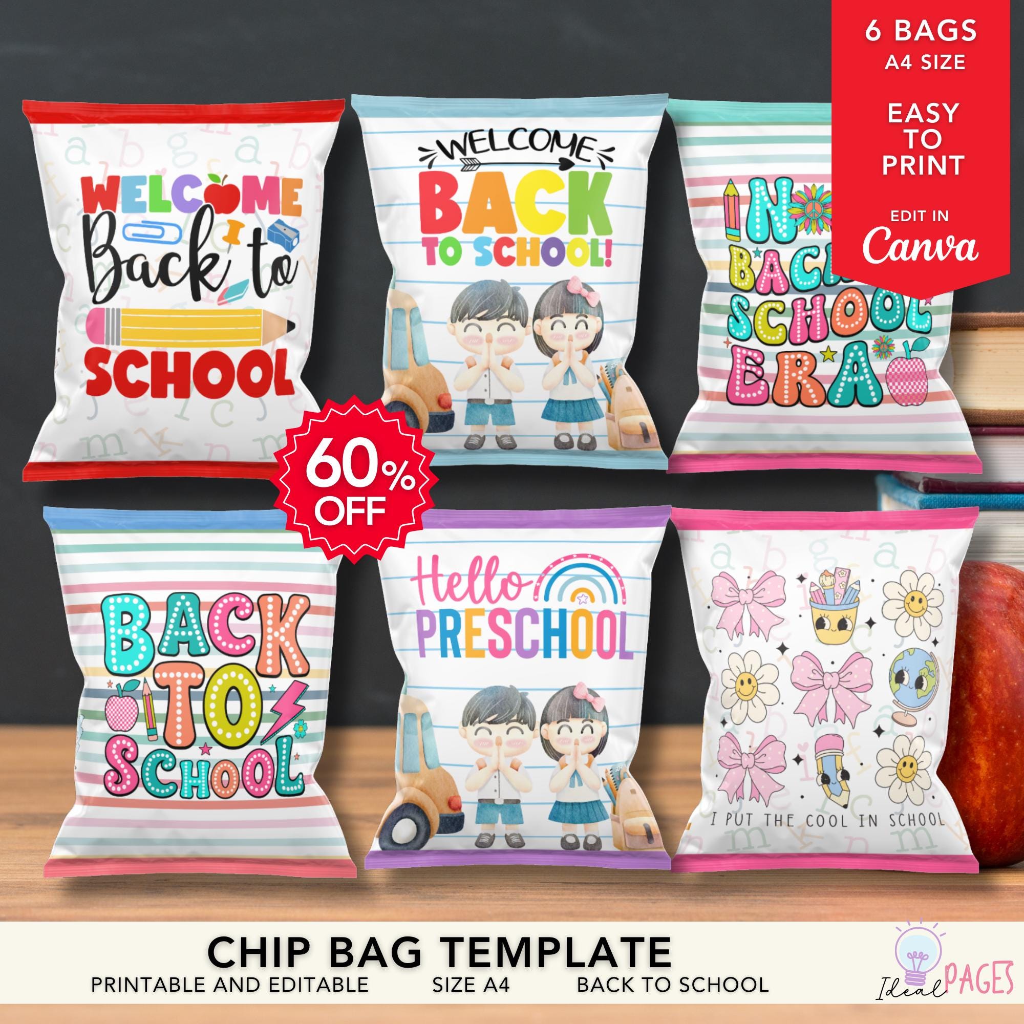 6 Back to School Chip Bag Template, School Party Favor, Welcome Snack ...