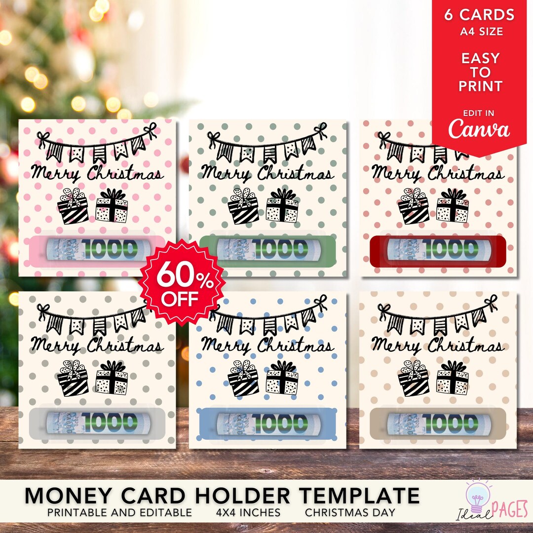 6 Hand Drawn Christmas Money Card Holder, Holiday Money Cards, Holiday ...