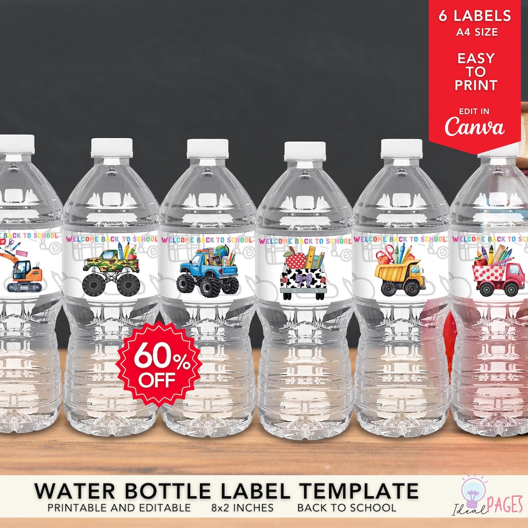 6 Back to School Water Bottle Label Template, Water Bottle Wraps, First ...