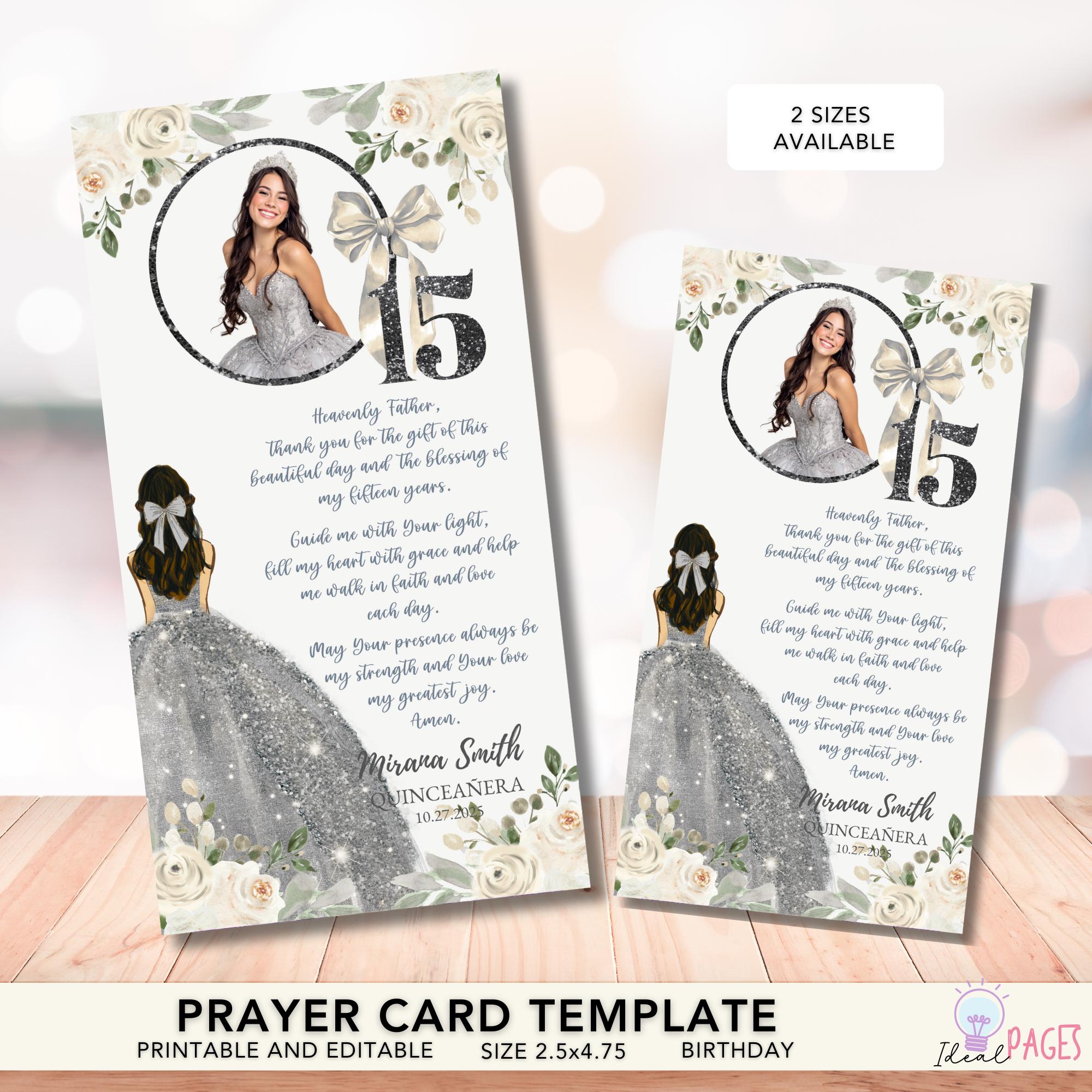 Silver Quinceañera Prayer Card Template, 15th Birthday Prayer Card ...