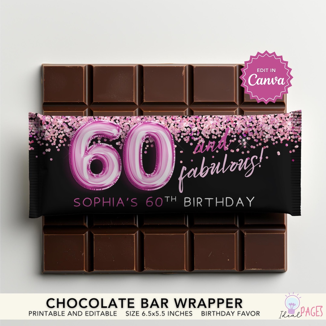 60 and Fabulous Black Pink Chocolate Bar Wrapper, Candy Bar Wrap ...