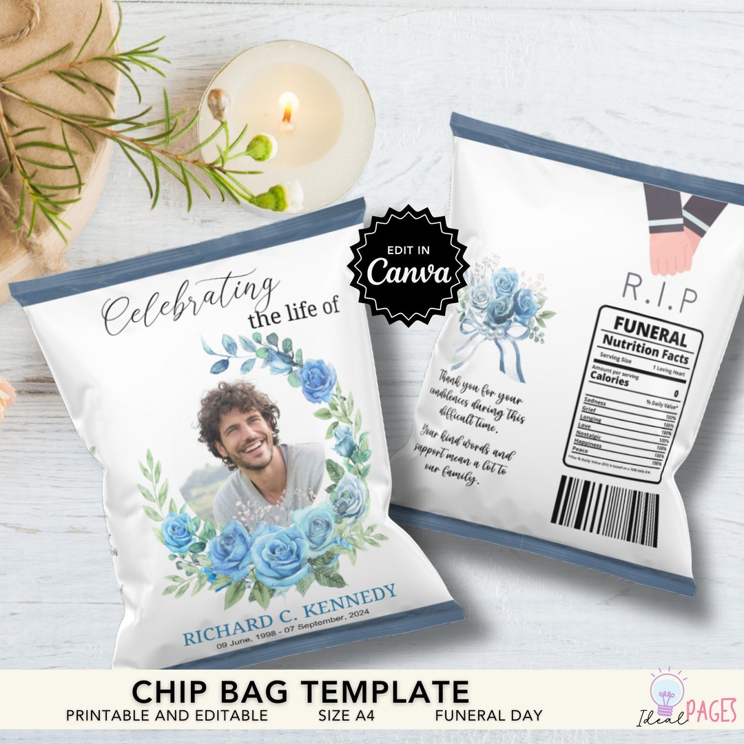 Celebration of Life Chip Bag Template, Custom Chip Bag, Elegant Funeral ...
