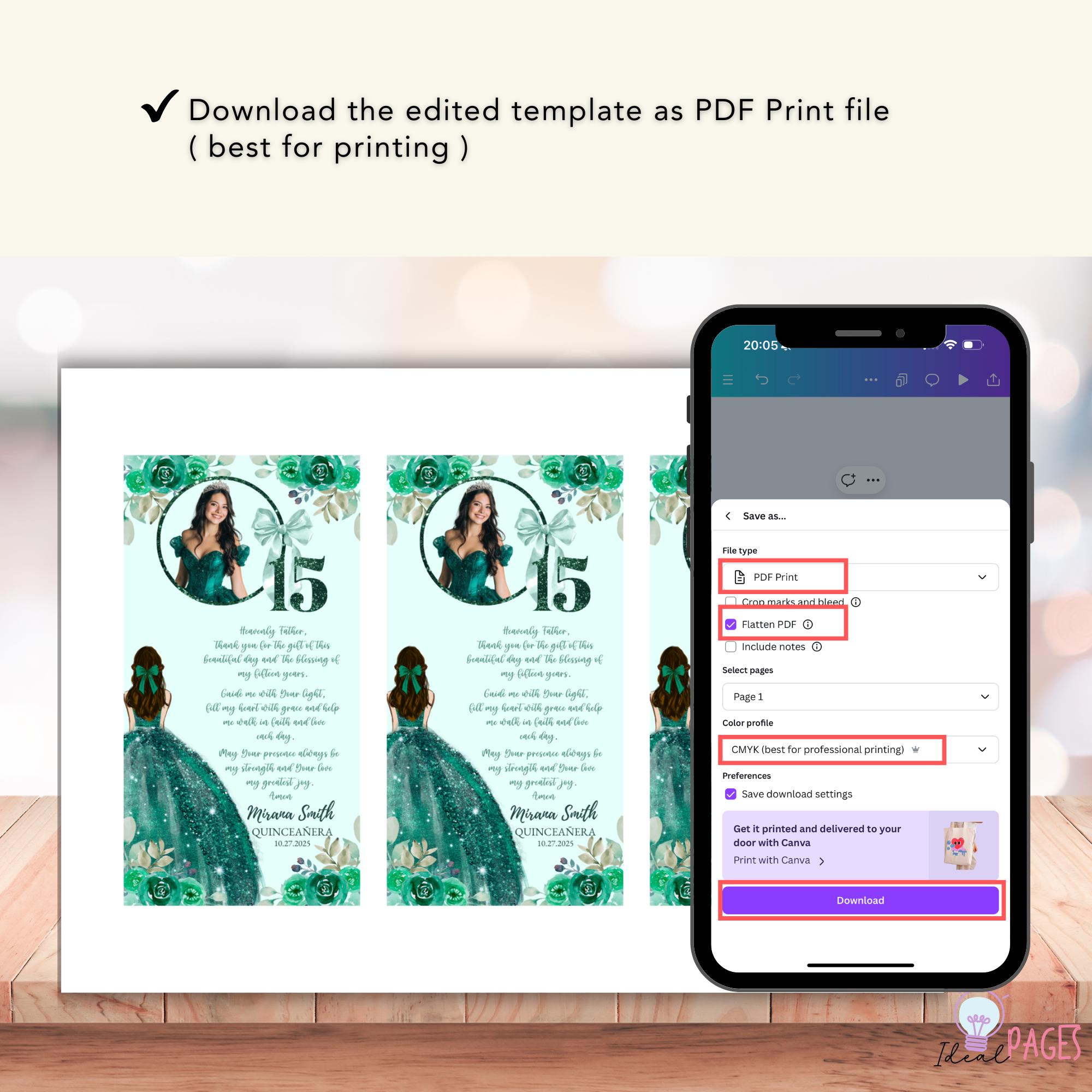 Emerald Green Quinceañera Prayer Card Template, 15th Birthday Prayer ...