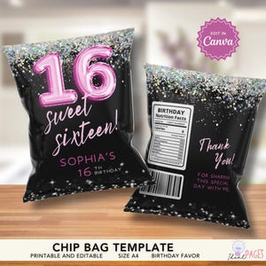 Sweet 16th Birthday Favors, Birthday Chip Bags, Chip Bag Template ...