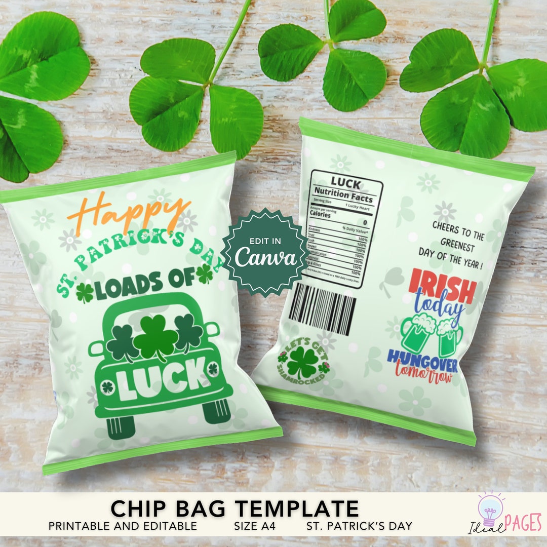 St Patricks Chip Bag Template, Custom Chip Bag, Shamrock Party Favors ...