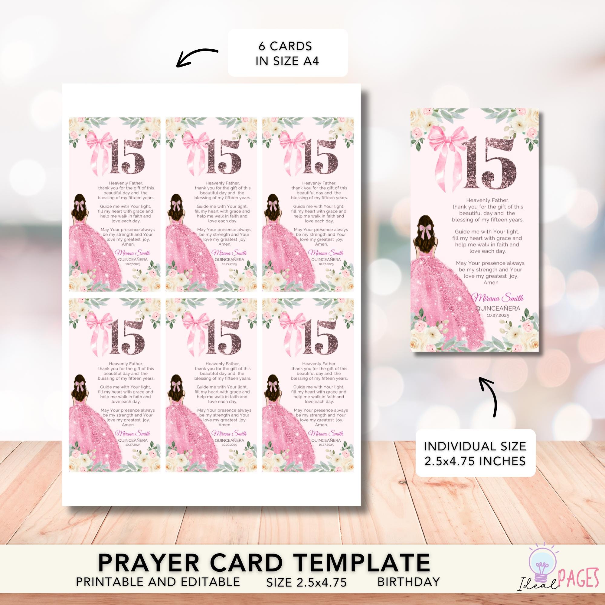 Pink Bow Quinceañera Prayer Card Template, 15th Birthday Prayer Card ...