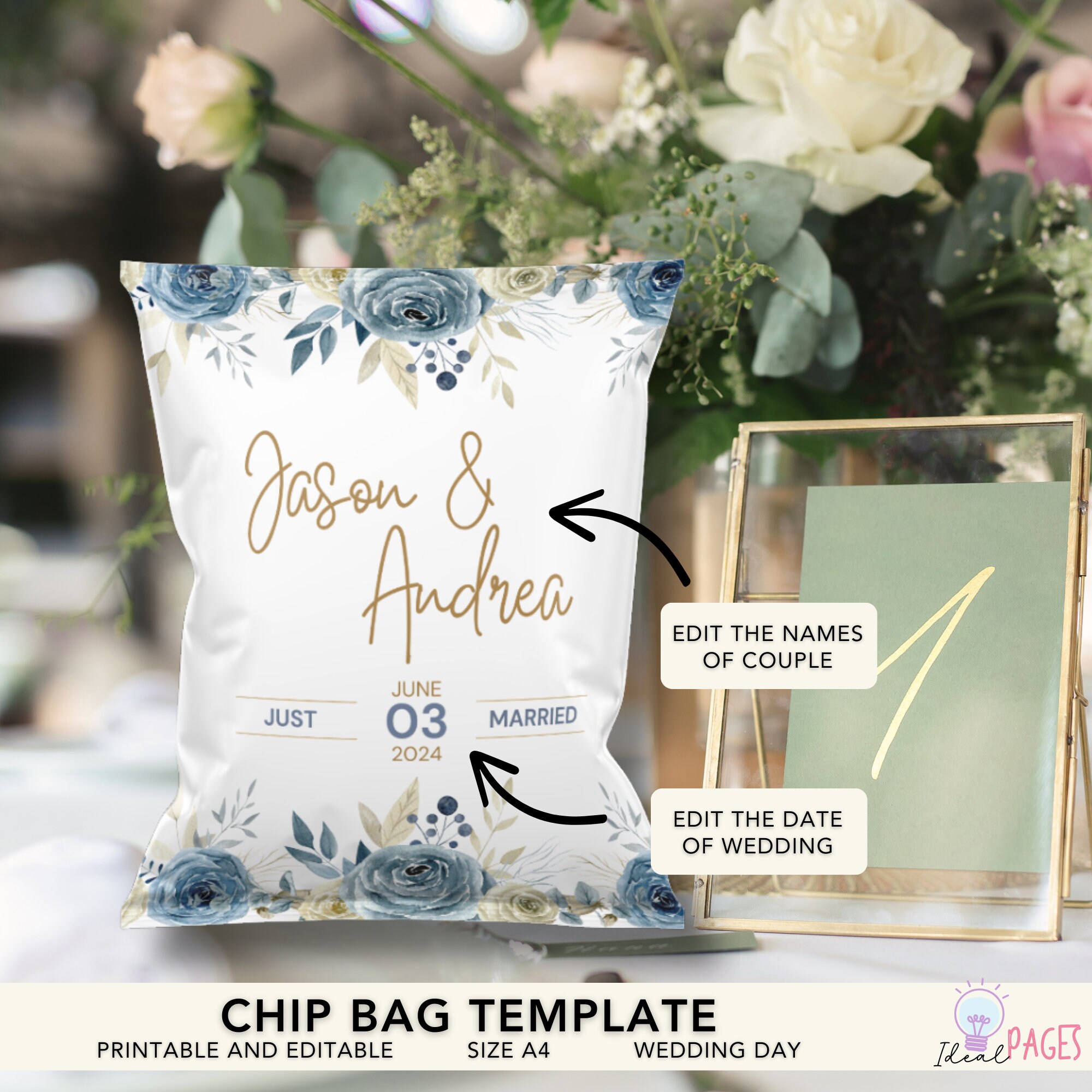 Floral Dusty Blue Wedding Chip Bag and Water Bottle Label Template ...