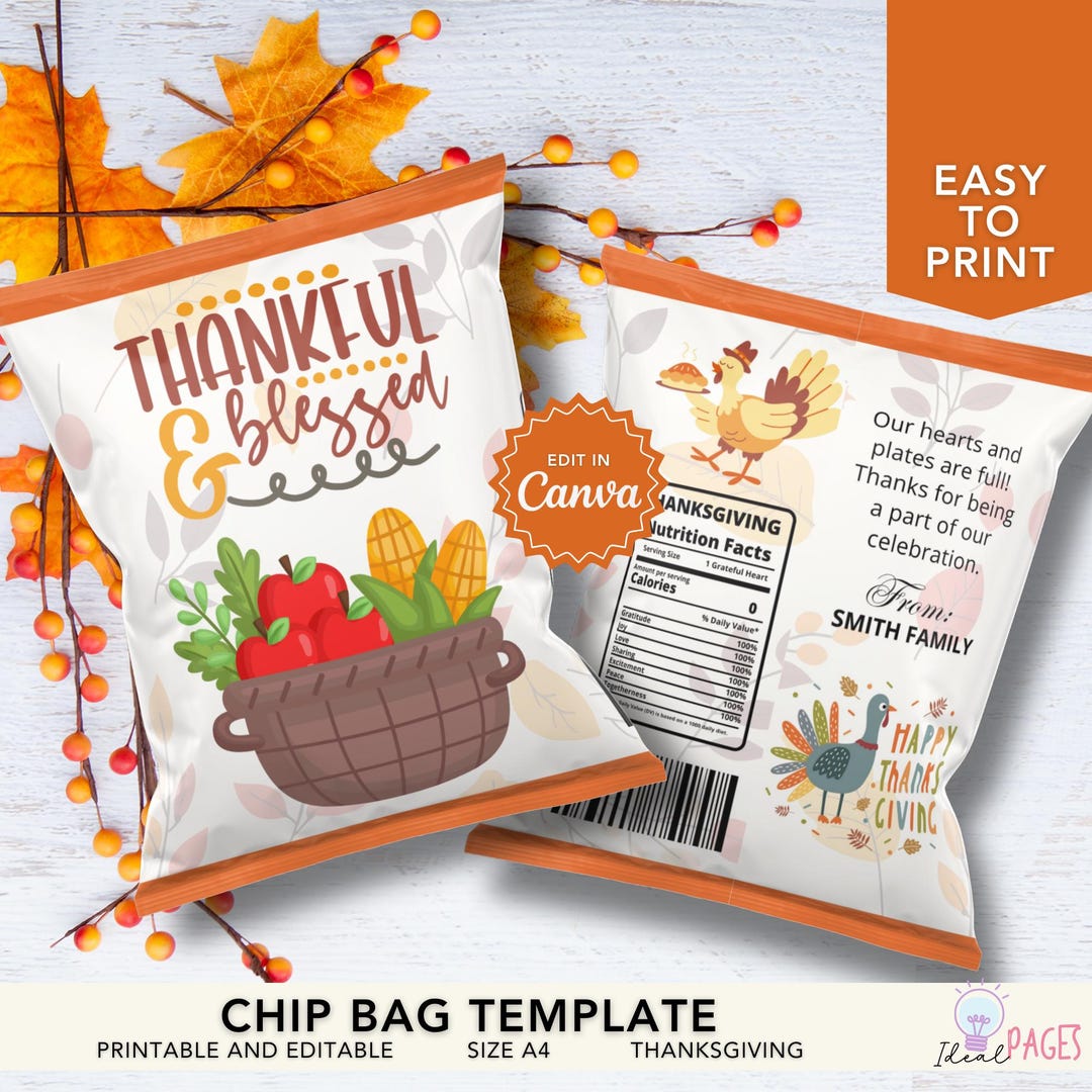 Thanksgiving Favors Chip Bags, Printable Thanksgiving Candy Wrapper ...