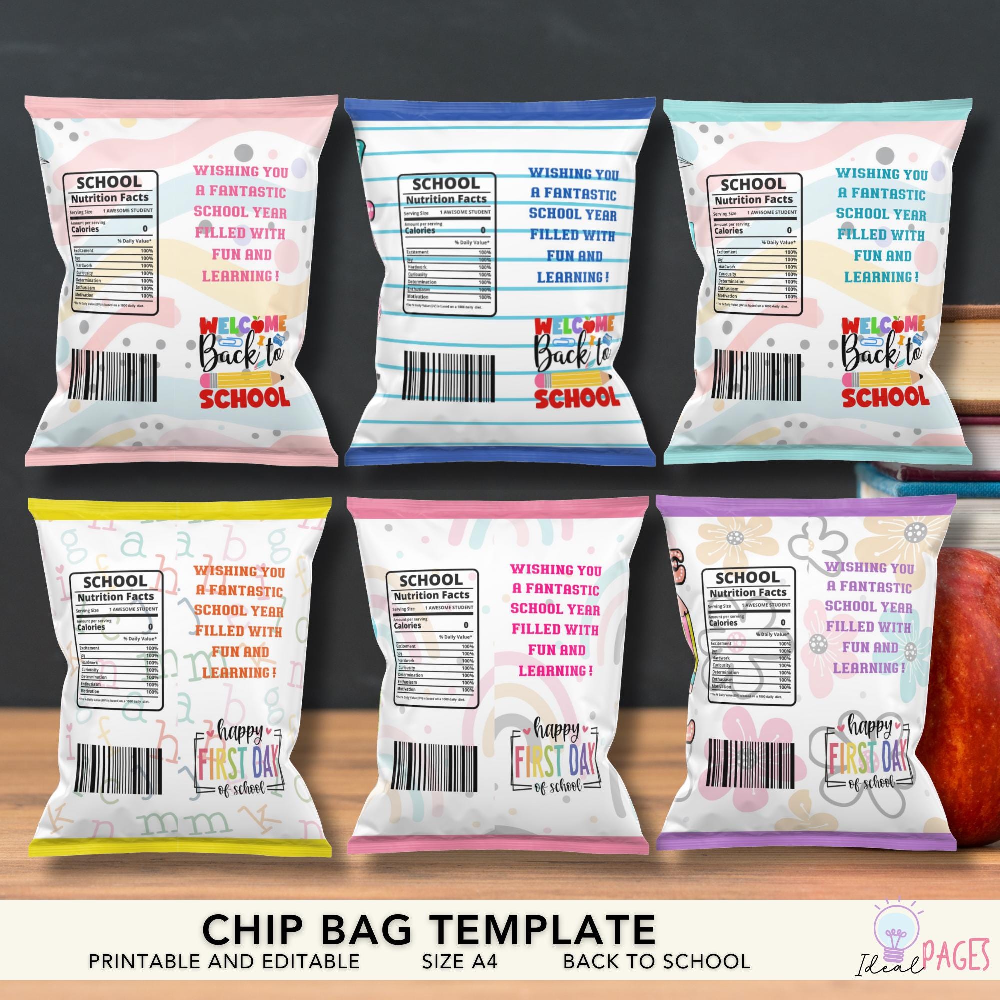 6 Back to School Chip Bag Template, School Party Favor, Welcome Snack ...