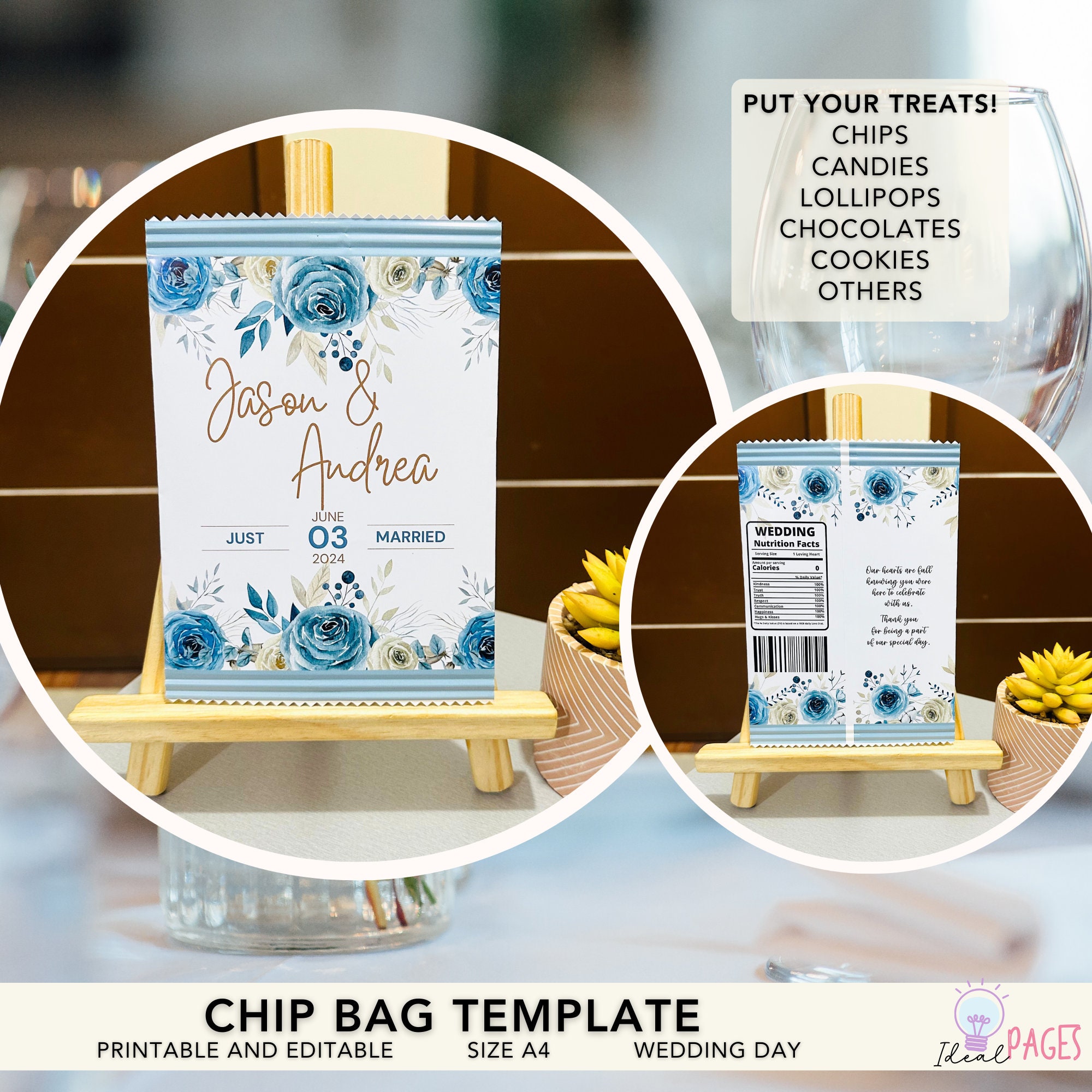 Floral Dusty Blue Wedding Chip Bag Template, Custom Chip Bag, Marriage ...